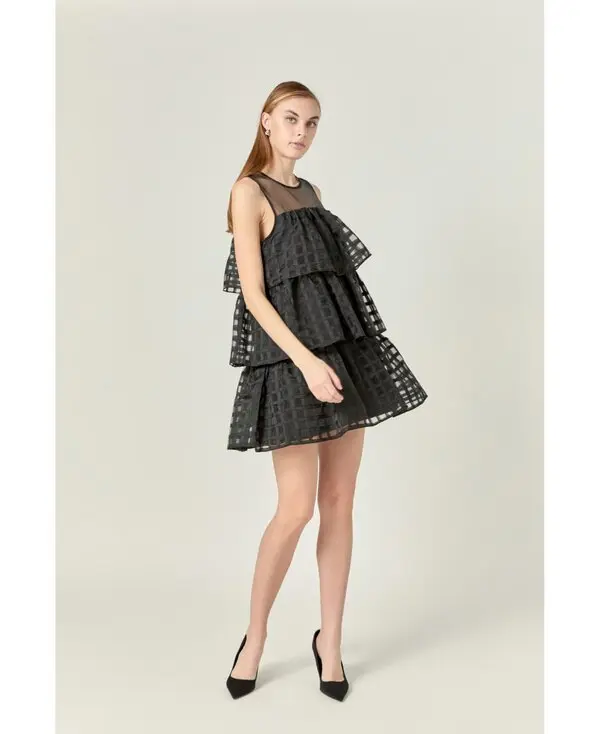 English Factory Organza Gridded Tiered Mini Dress - Black | Editorialist