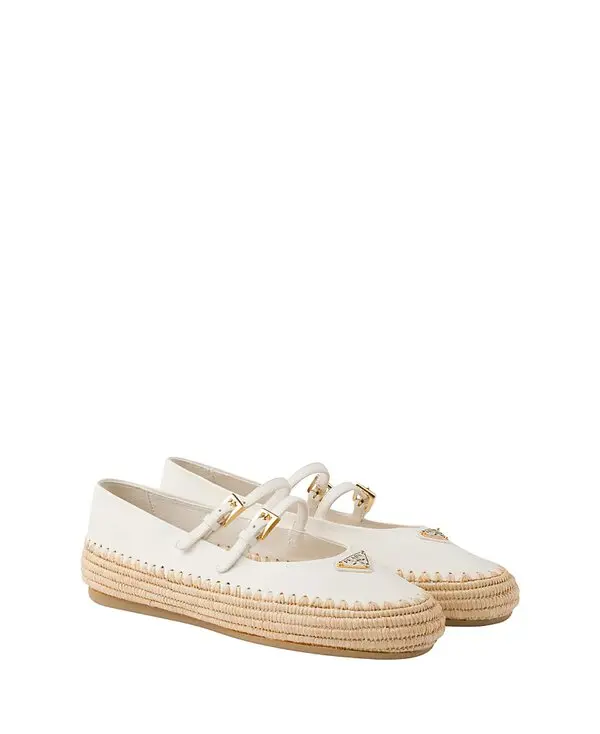 Prada Nappa Leather And Raffia Ballerinas - Neutral
