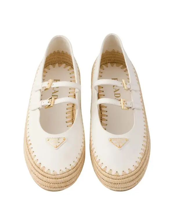 Prada Nappa Leather And Raffia Ballerinas - Neutral