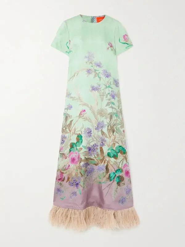 La DoubleJ Feather-trimmed Floral-print Silk-twill Maxi Dress