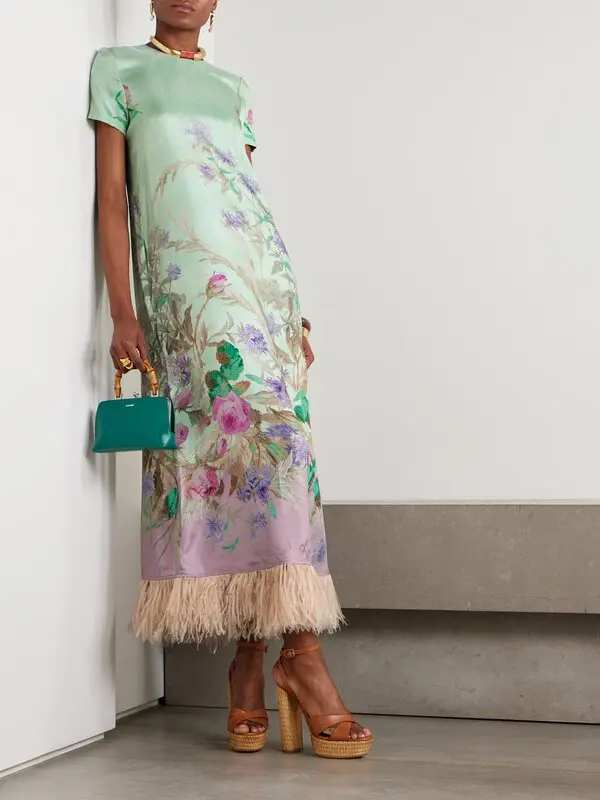 La DoubleJ Feather-trimmed Floral-print Silk-twill Maxi Dress