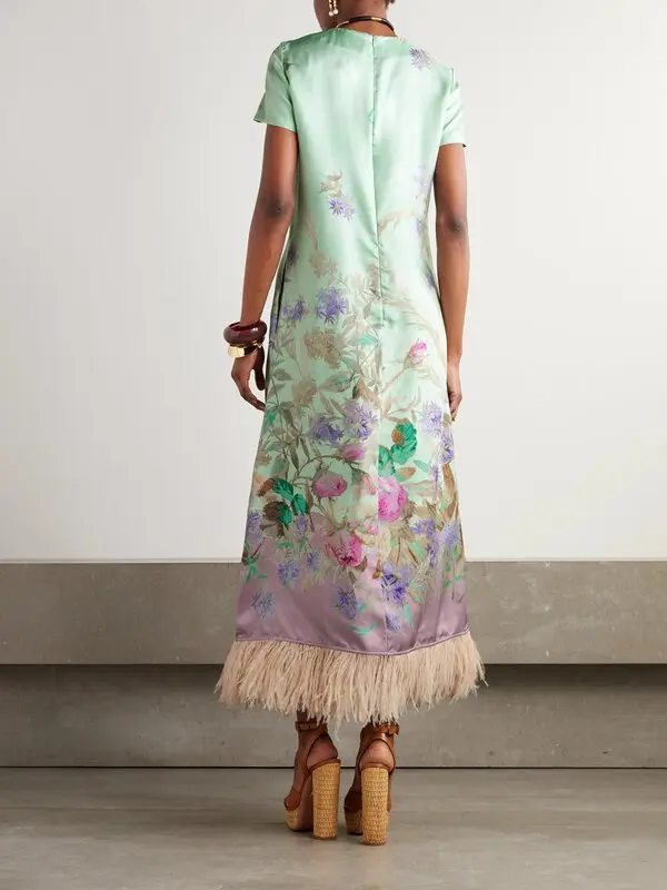 La DoubleJ Feather-trimmed Floral-print Silk-twill Maxi Dress