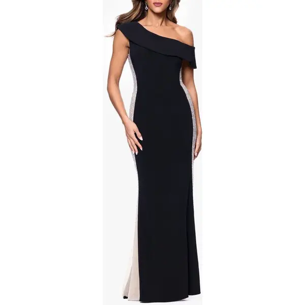 XSCAPE EVENINGS Crystal Mesh Detail One-shoulder Sheath Gown