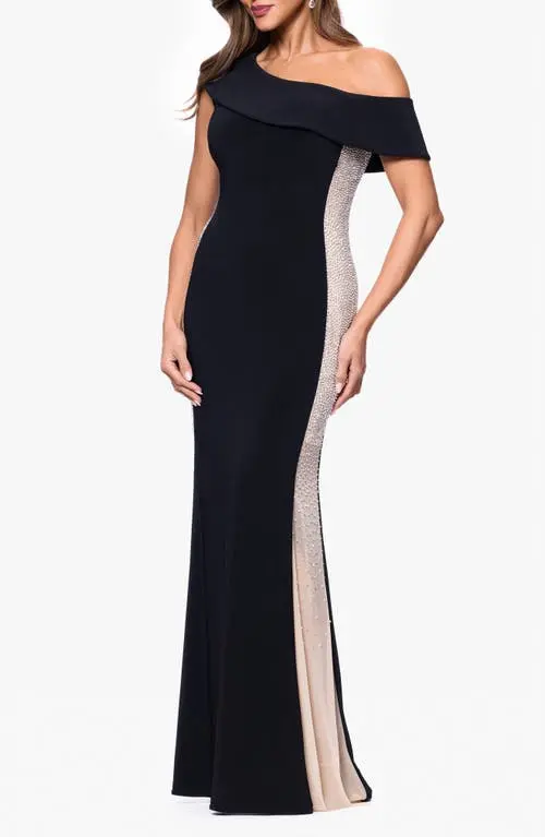 XSCAPE EVENINGS Crystal Mesh Detail One-shoulder Sheath Gown