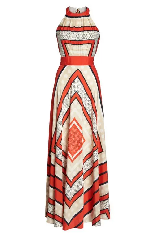 scarf print crêpe de chine fit & flare maxi dress CREPE DE CHINE SILK LINED MAXI DRESS IN BLACK | CULT MIA main image 0