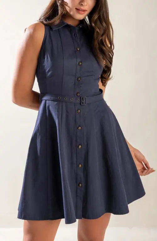 FREEMARKET Solid Sleeveless Cotton Fit & Flare Shirt Dress