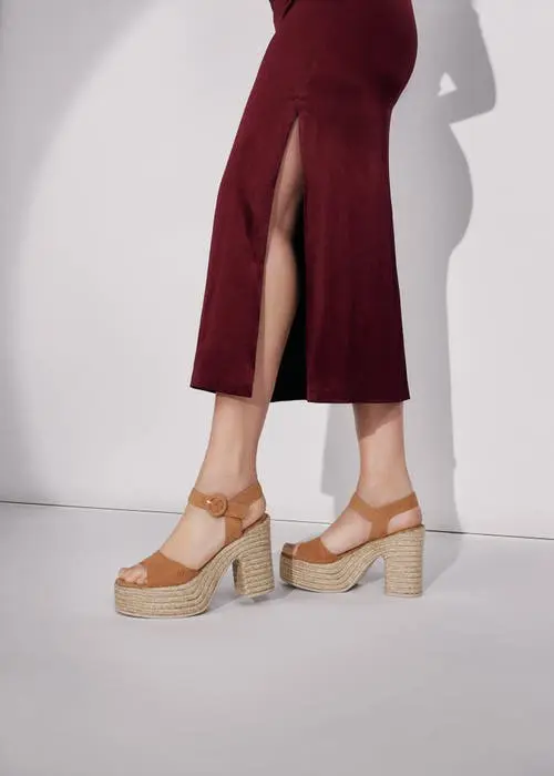 VISCATA Jana Suede Espadrille Platform Sandal Heels - Camel