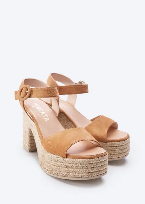 VISCATA Jana Suede Espadrille Platform Sandal Heels - Camel