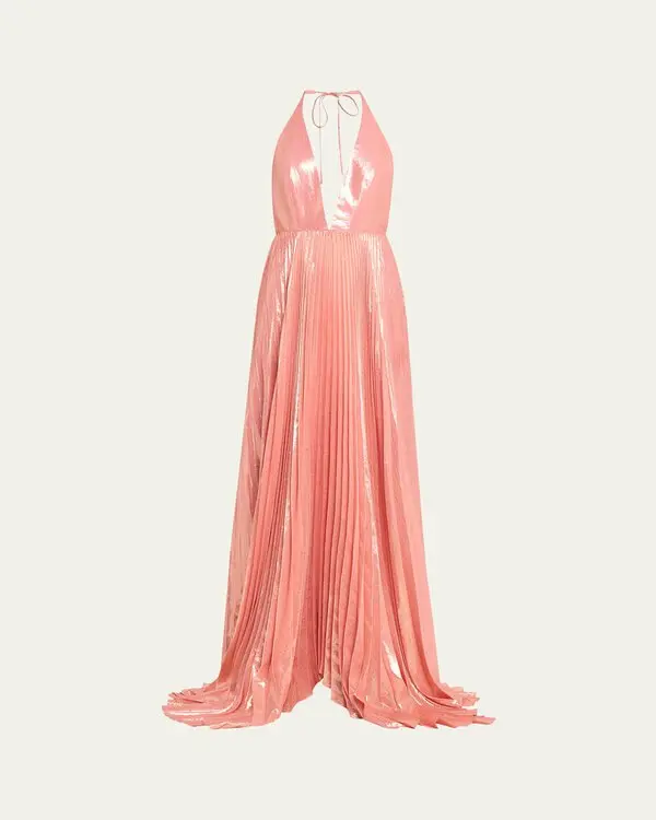Alice + Olivia Adalyn Pleated Metallic Halter Maxi Dress