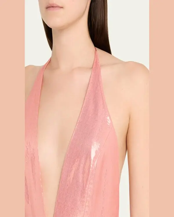 Alice + Olivia Adalyn Pleated Metallic Halter Maxi Dress