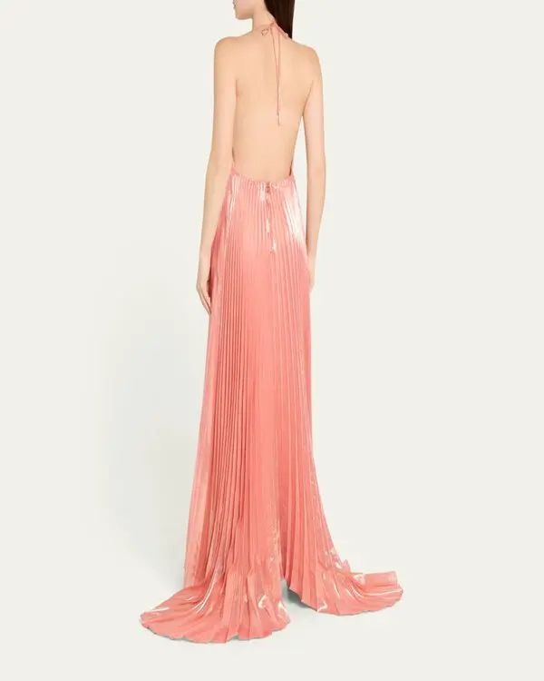 Alice + Olivia Adalyn Pleated Metallic Halter Maxi Dress