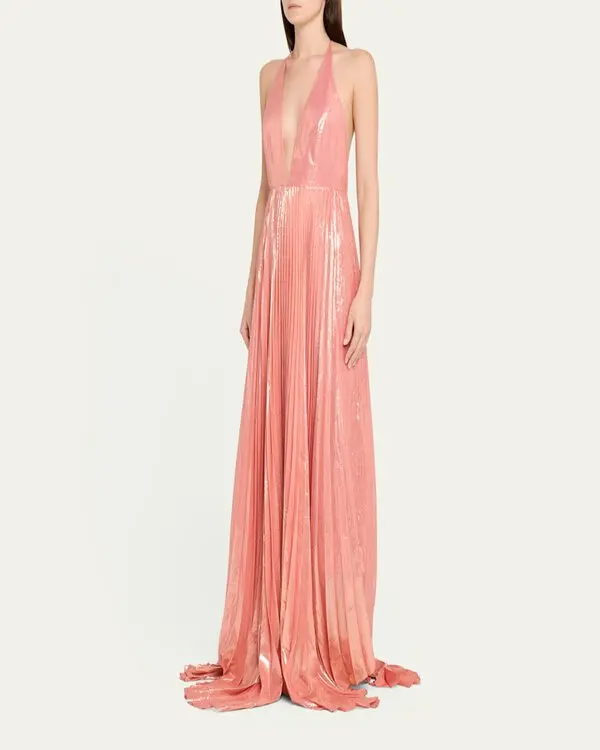 Alice + Olivia Adalyn Pleated Metallic Halter Maxi Dress