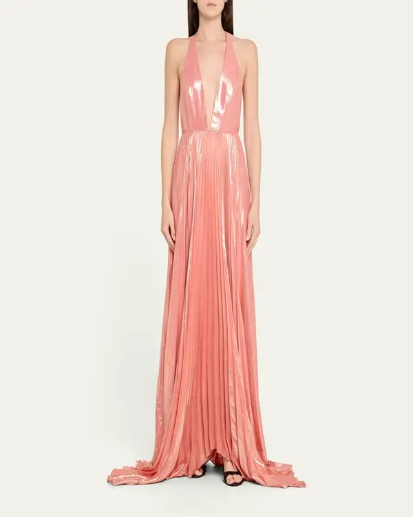 Alice + Olivia Adalyn Pleated Metallic Halter Maxi Dress