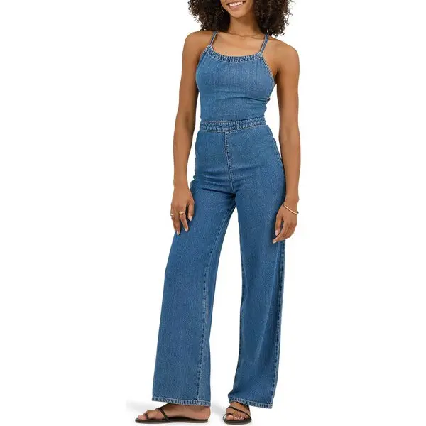 LEEM Wide Leg Denim Halter Jumpsuit - Take A Dive