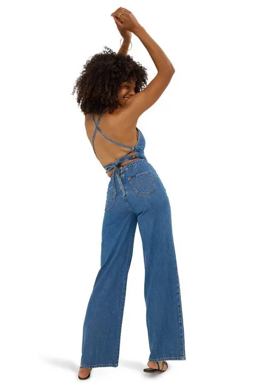 LEEM Wide Leg Denim Halter Jumpsuit