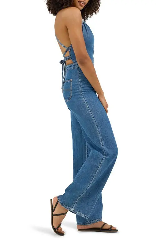 LEEM Wide Leg Denim Halter Jumpsuit