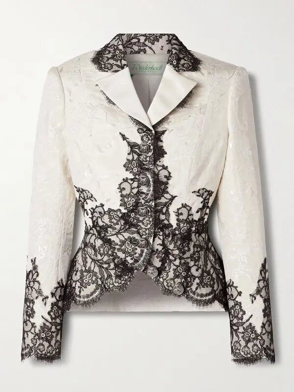 WIEDERHOEFT Chantilly Lace-trimmed Metallic Jacquard Jacket - Ivory