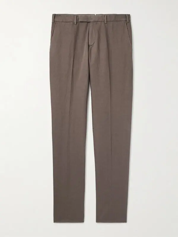 Zegna Slim-fit Tapered Cotton And Linen-blend Twill Trousers - Brown