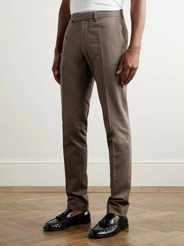 Zegna Slim-fit Tapered Cotton And Linen-blend Twill Trousers - Brown