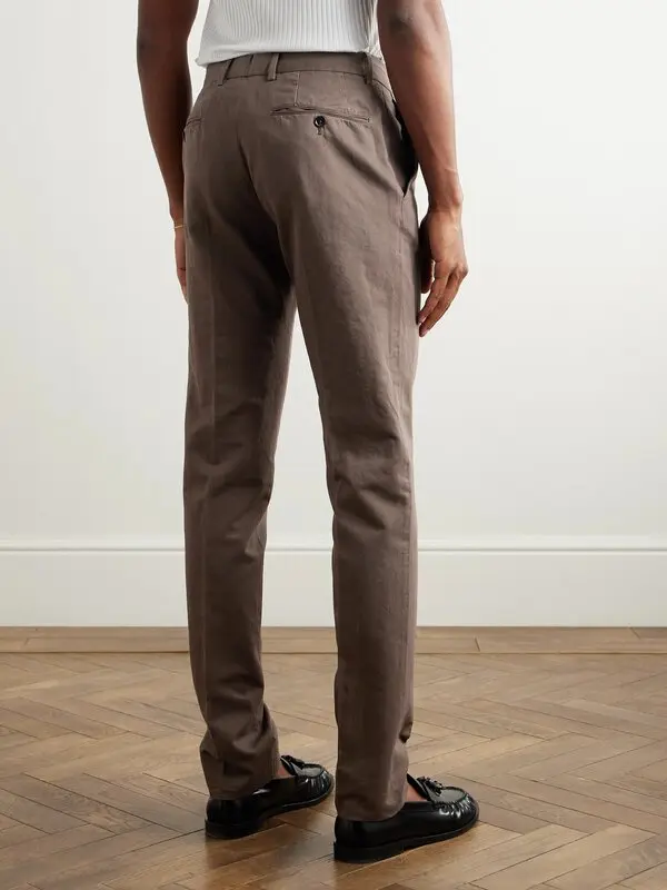 Zegna Slim-fit Tapered Cotton And Linen-blend Twill Trousers - Brown