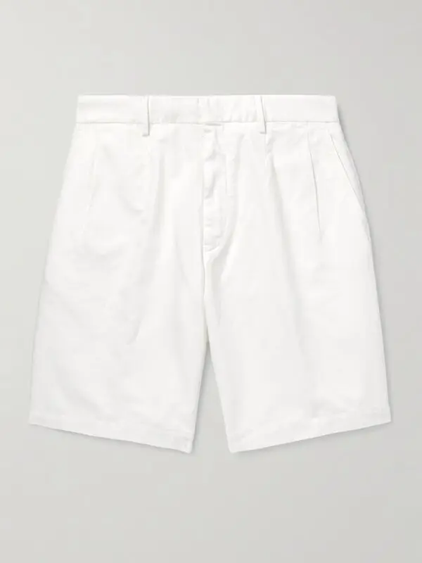 Zegna Straight-leg Pleated Cotton And Linen-blend Twill Shorts - White