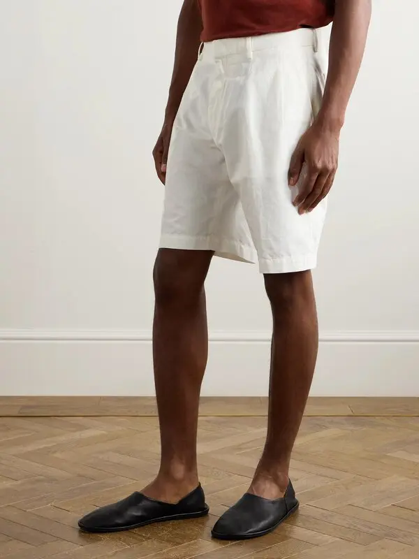 Zegna Straight-leg Pleated Cotton And Linen-blend Twill Shorts - White
