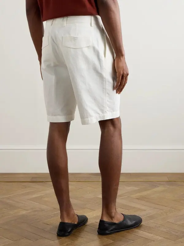 Zegna Straight-leg Pleated Cotton And Linen-blend Twill Shorts - White