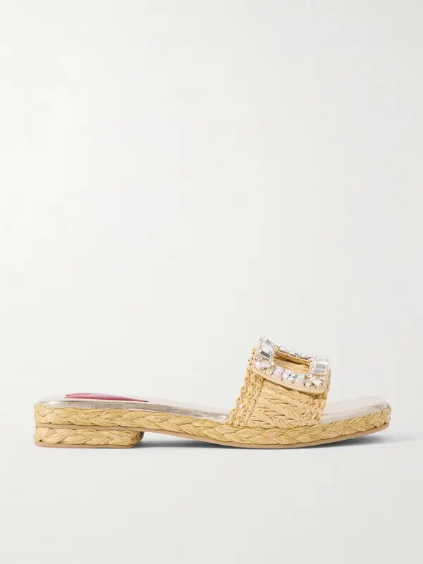 ROGER VIVIER 25 Crystal-embellished Raffia Sandals - Neutrals