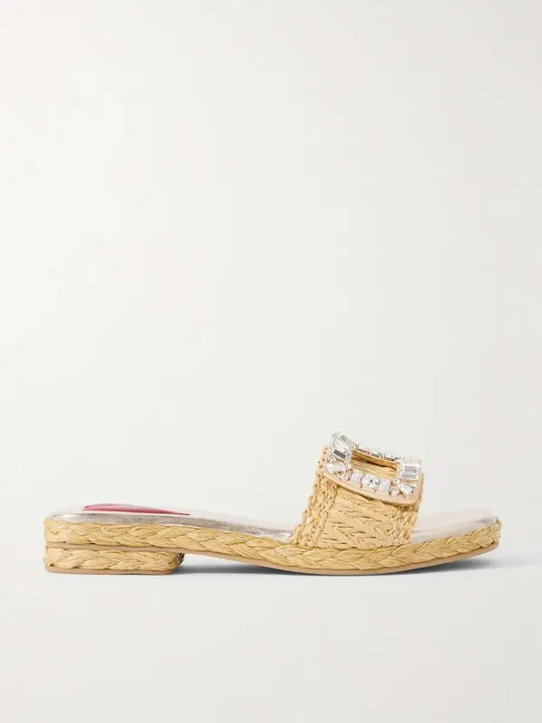 ROGER VIVIER 25 Crystal-embellished Raffia Sandals - Sand