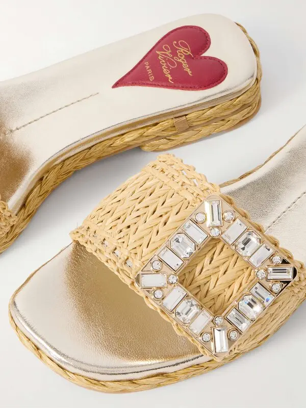 ROGER VIVIER 25 Crystal-embellished Raffia Sandals - Sand
