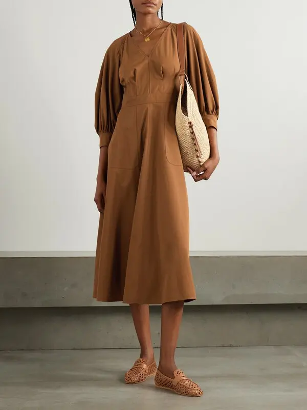 Max Mara Pedaggi Paneled Cotton Midi Dress Brown 50% Off