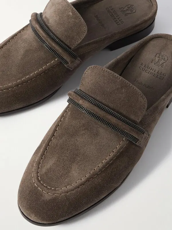 Brunello Cucinelli Bead-embellished Suede Slippers