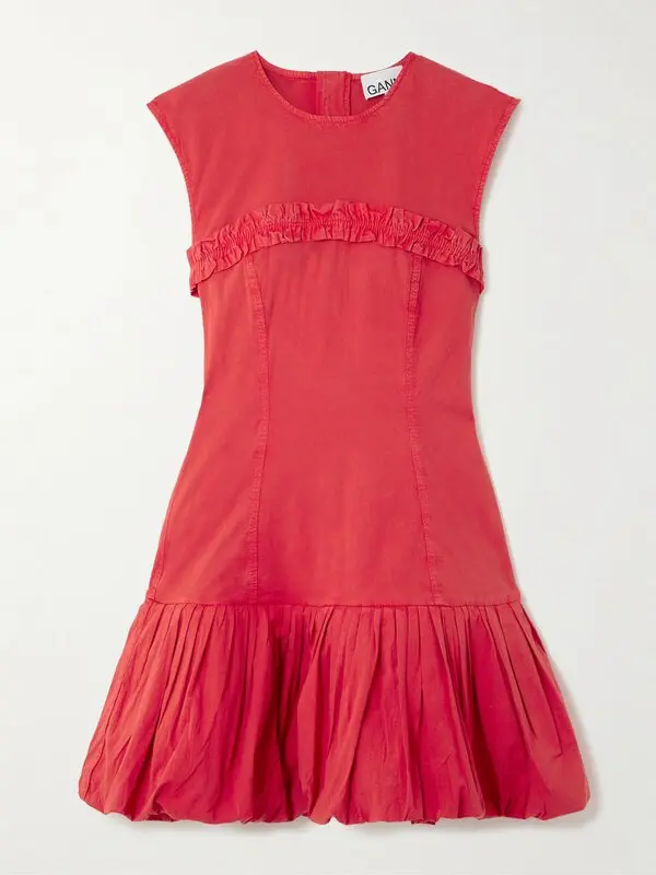 GANNI Ruffled Gathered Cotton-blend Mini Dress - Red
