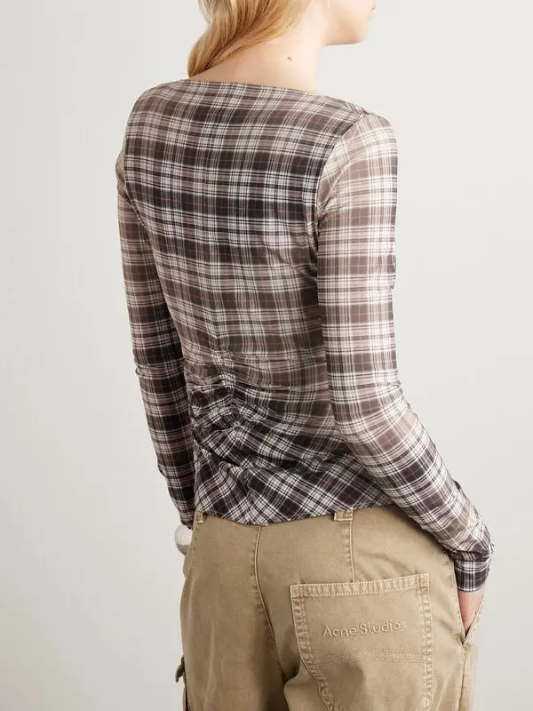 Acne Studios Ruched Checked Stretch-jersey Top - Brown