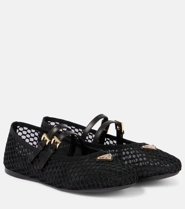 Prada Logo Leather-trimmed Mesh Ballet Flats - Black