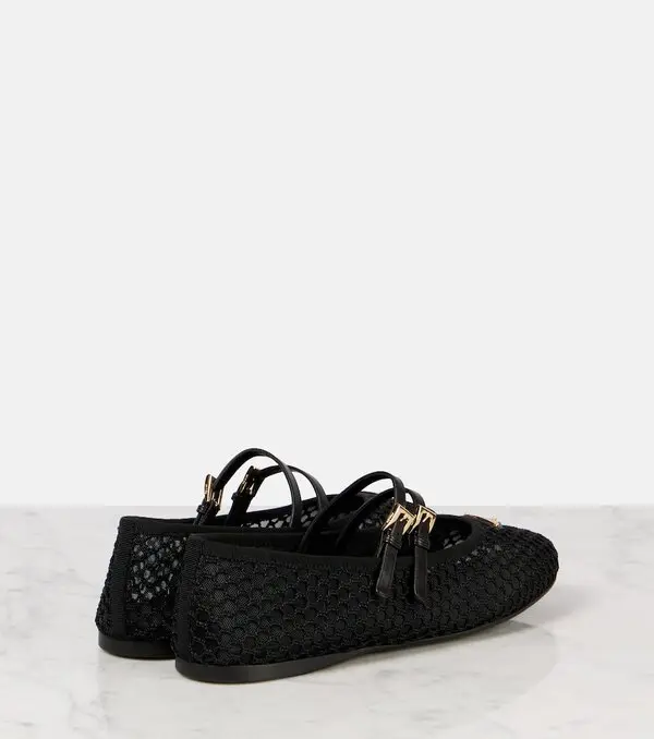 Prada Logo Leather-trimmed Mesh Ballet Flats - Black