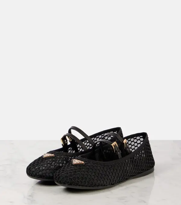 Prada Logo Leather-trimmed Mesh Ballet Flats - Black