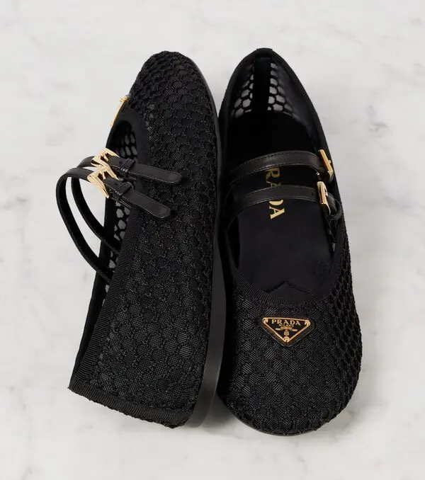 Prada Logo Leather-trimmed Mesh Ballet Flats - Black