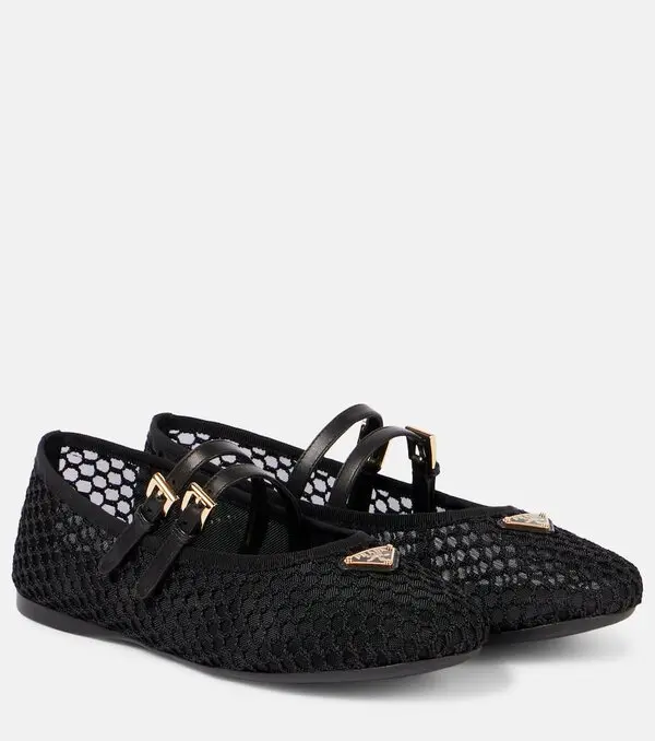 Prada Logo Leather-trimmed Mesh Ballet Flats - Black