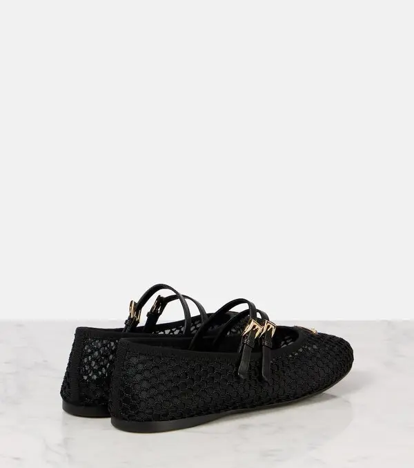 Prada Logo Leather-trimmed Mesh Ballet Flats - Black