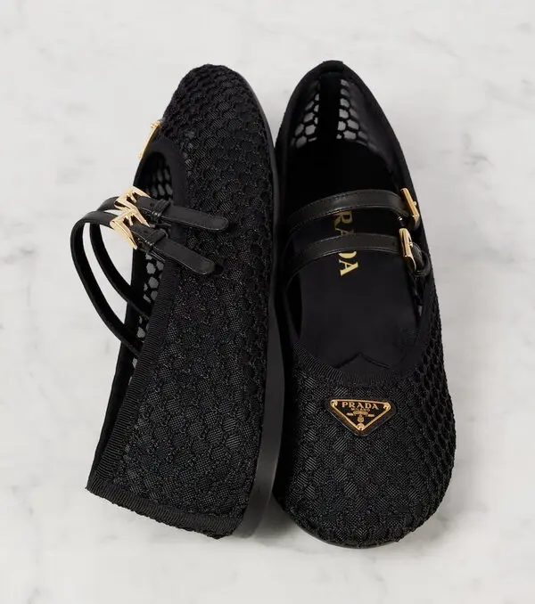 Prada Logo Leather-trimmed Mesh Ballet Flats - Black