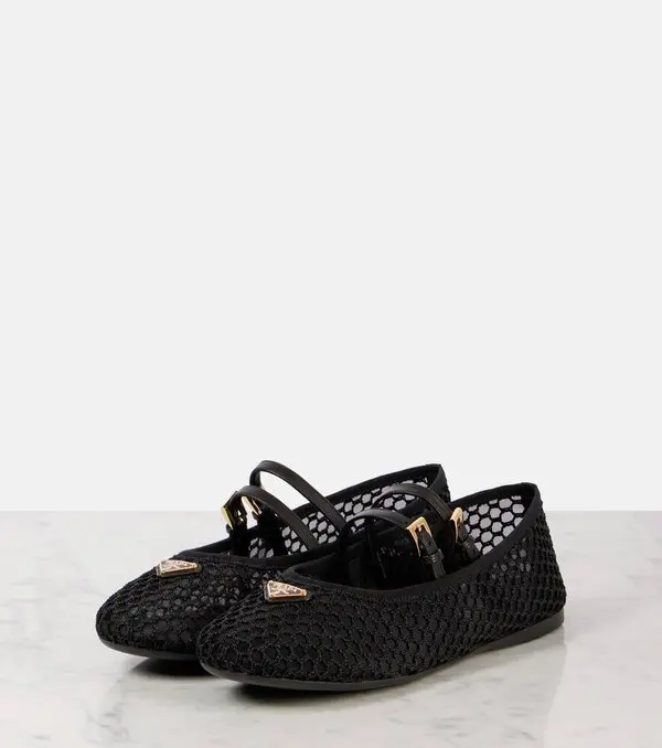 Prada Logo Leather-trimmed Mesh Ballet Flats - Black