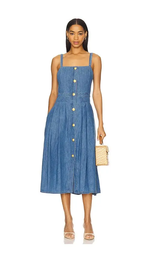 L'Agence Denim Pinafore Midi Dress - Blue