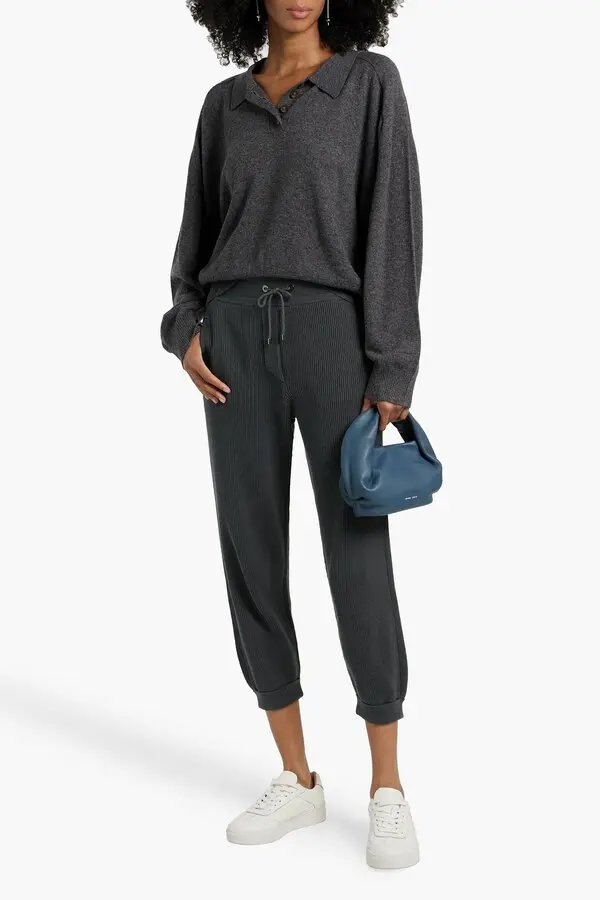 Brunello Cucinelli Cropped Ribbed Cotton Track Pants - Dark Gray