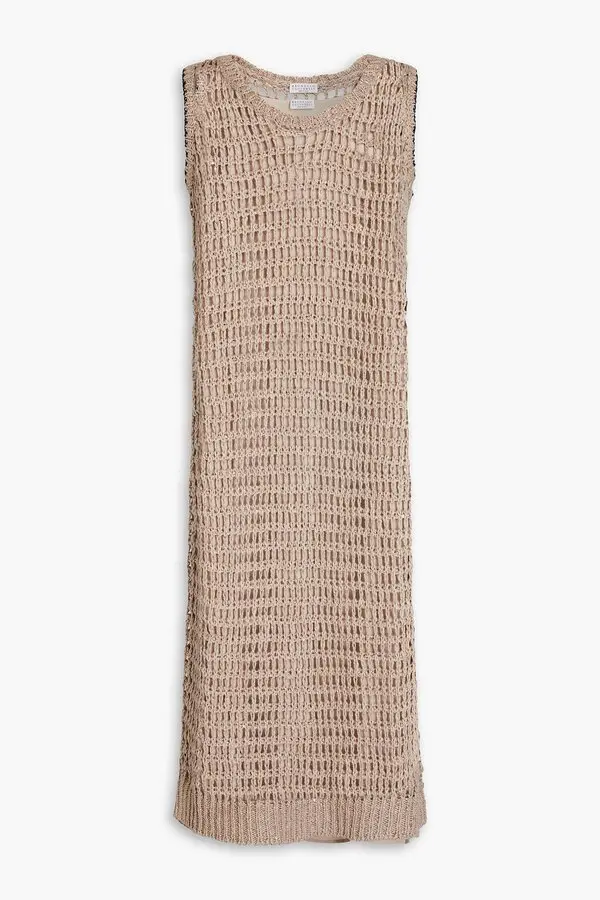Brunello Cucinelli Sequin-embellished Linen And Silk-blend Dress - Neutral