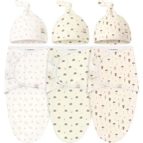 KEABABIES 3-pack Soothe Swaddle Wraps With Knot Hats - Nibbles/bruce