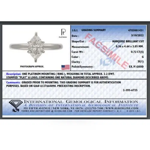 BLISS DIAMOND 0.72ct Marquise Cut Natural Certified Diamond Solitaire Engagement Ring