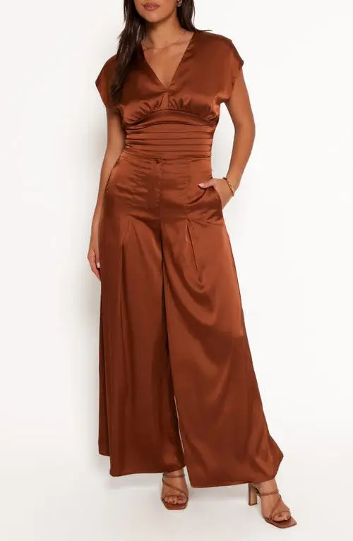 PETAL & PUP Cassie Satin Short Sleeve Top & Wide Leg Pants Set - Bronze
