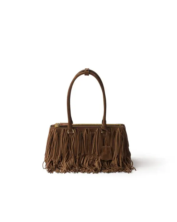 Prada Galleria Medium Suede Bag With Fringe - Brown