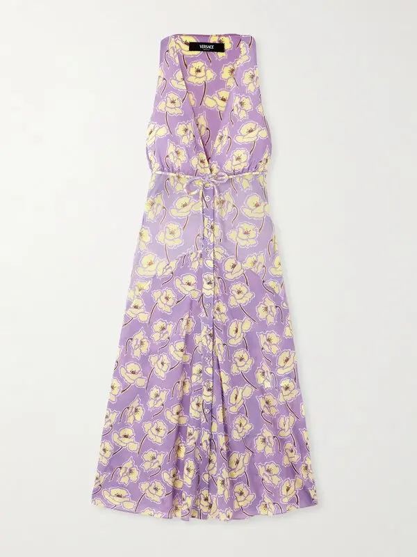 Versace Belted Floral-print Silk-blend Georgette Midi Dress